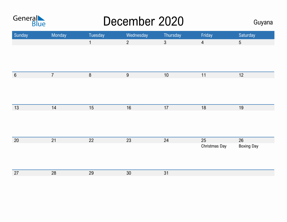 Editable December 2020 Calendar with Guyana Holidays