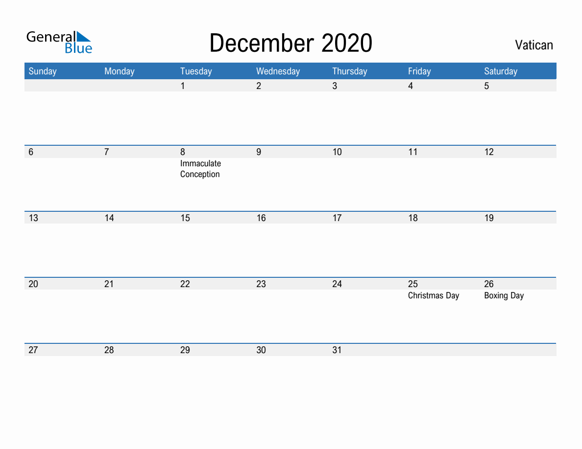 Editable December 2020 Calendar with Vatican Holidays