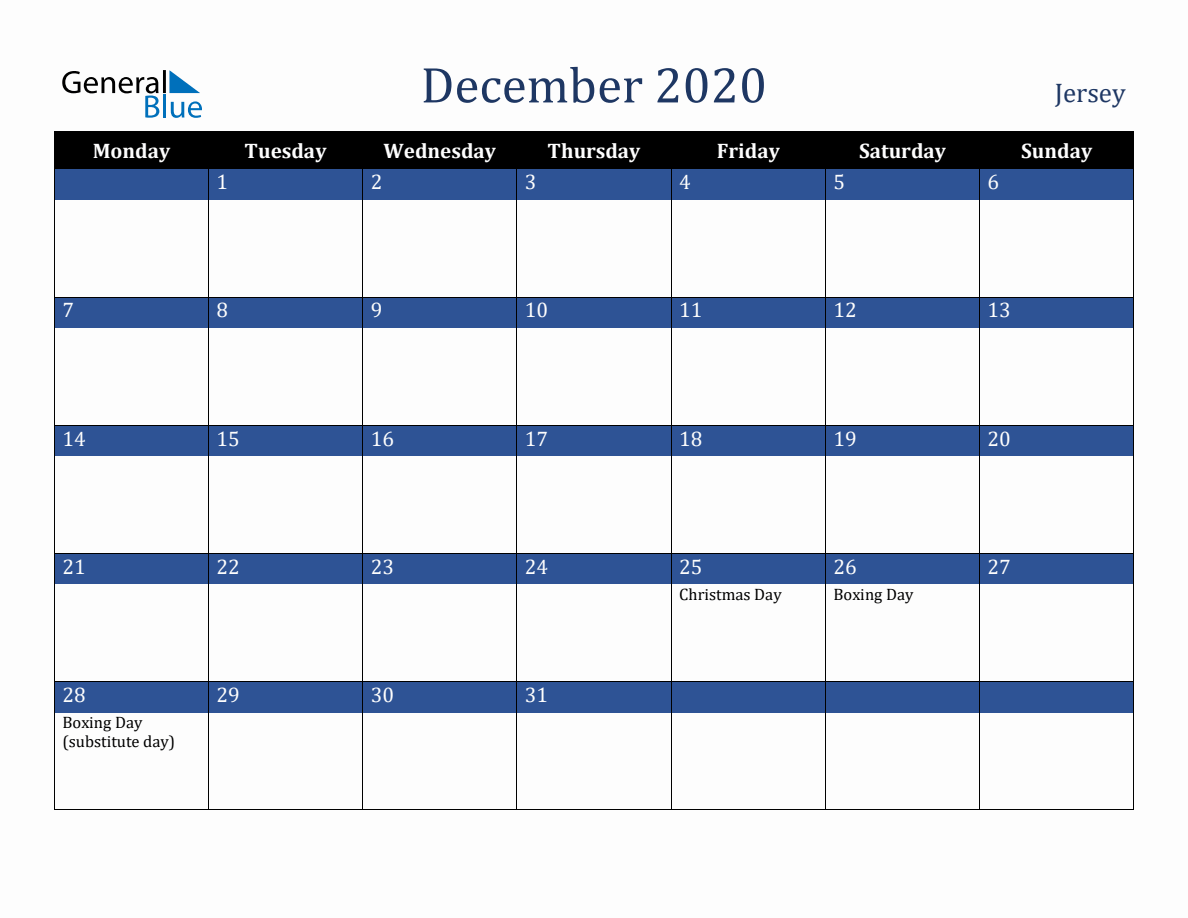 December 2020 Jersey Holiday Calendar (Monday Start)