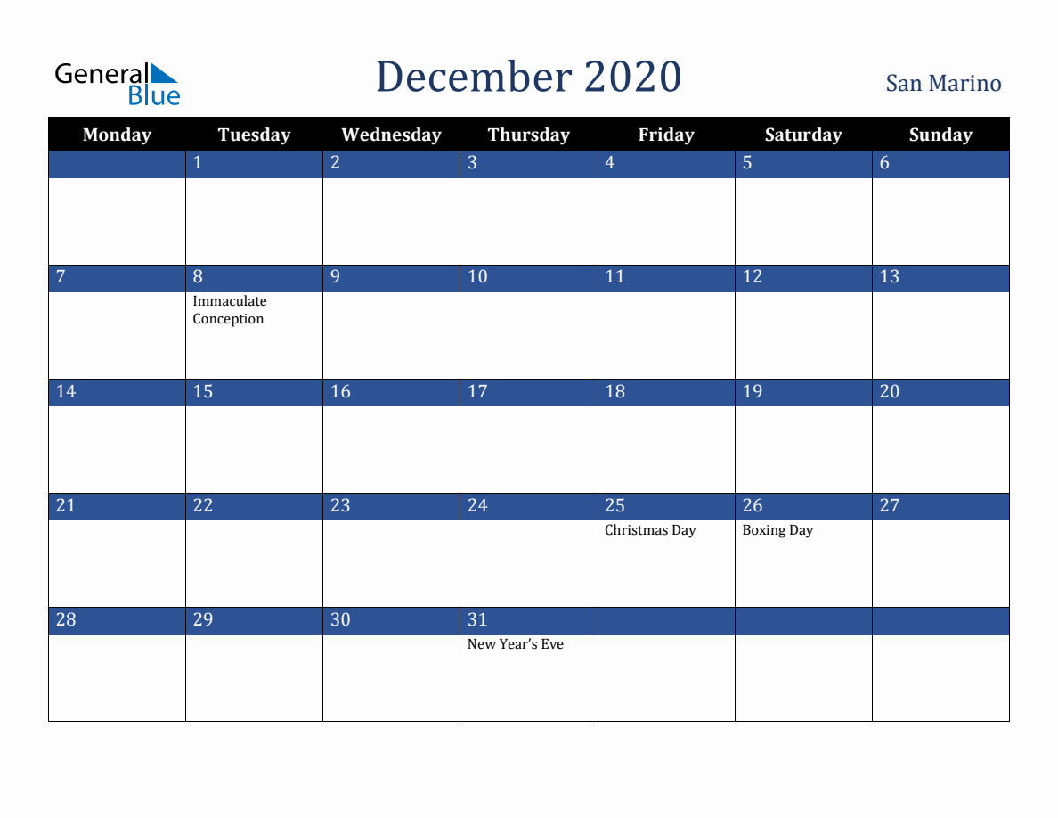 December 2020 San Marino Holiday Calendar (Monday Start)