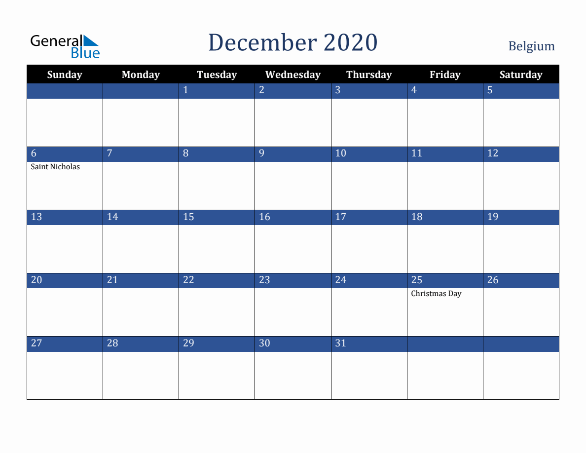 December 2020 Belgium Holiday Calendar