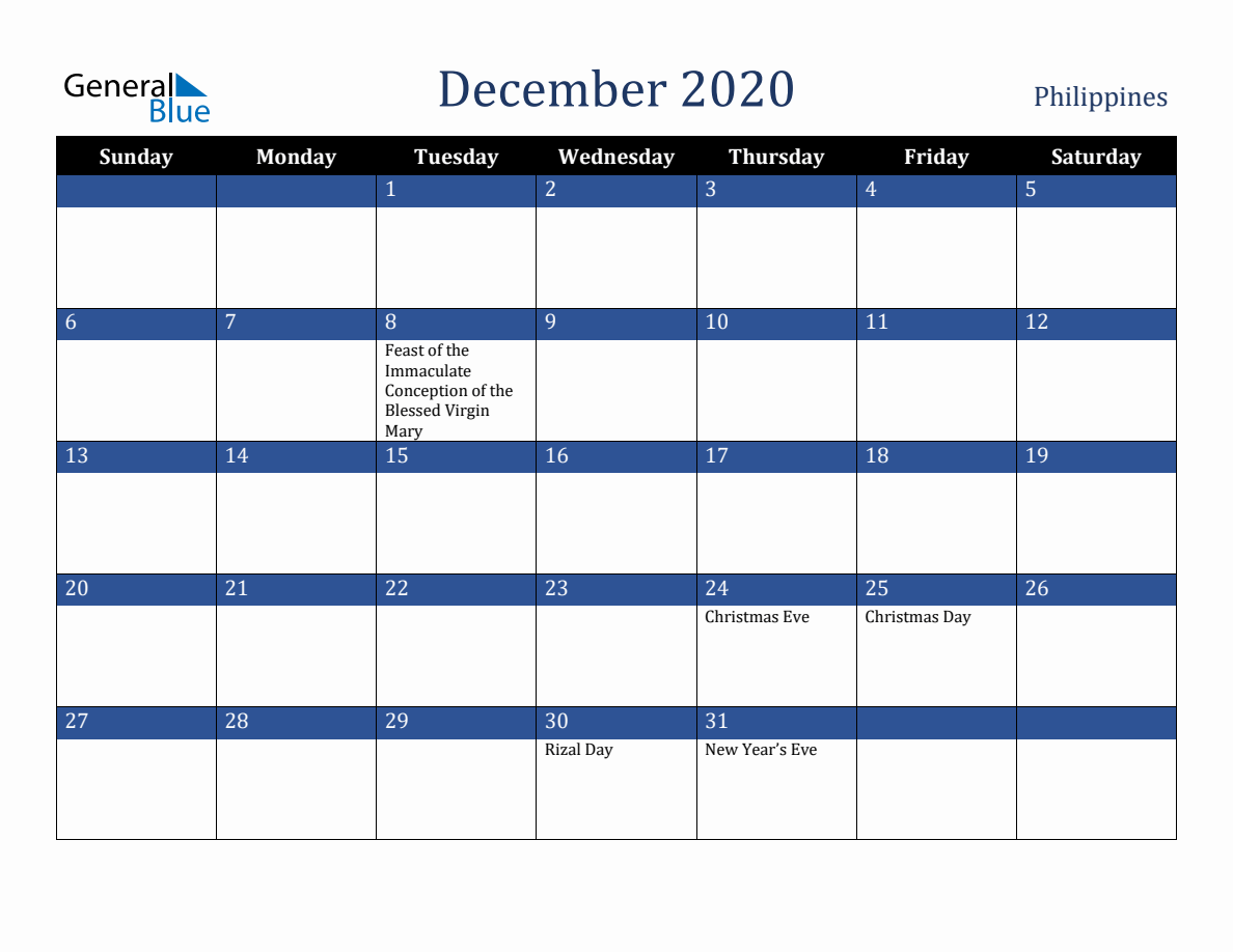 December 2020 Philippines Holiday Calendar