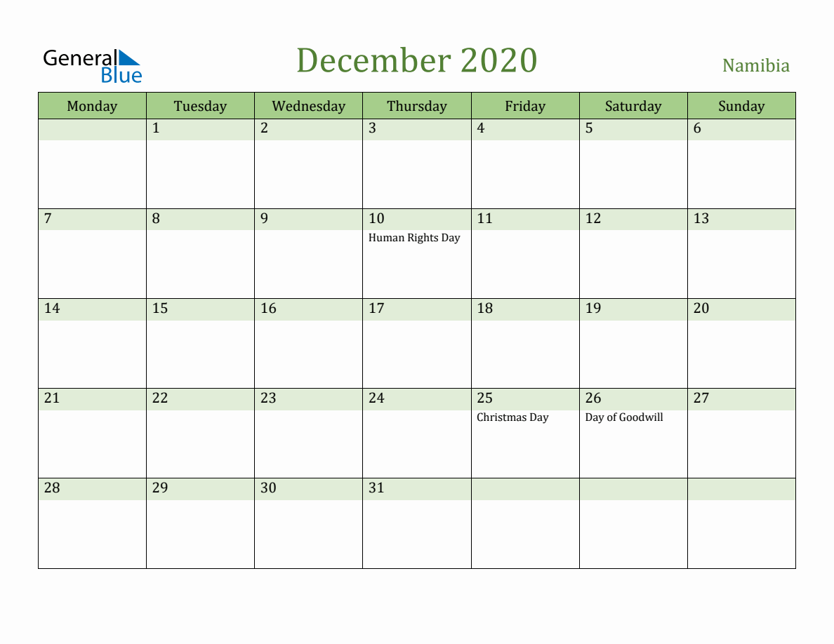 Fillable Holiday Calendar for Namibia - December 2020