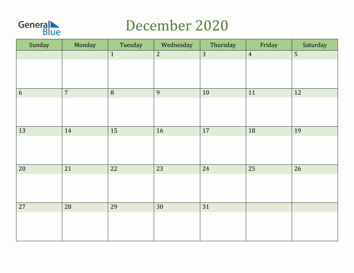 Fillable December 2020 Calendar