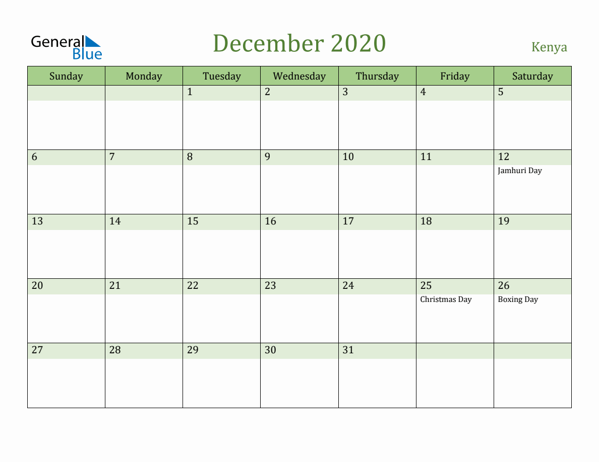 Fillable Holiday Calendar for Kenya - December 2020