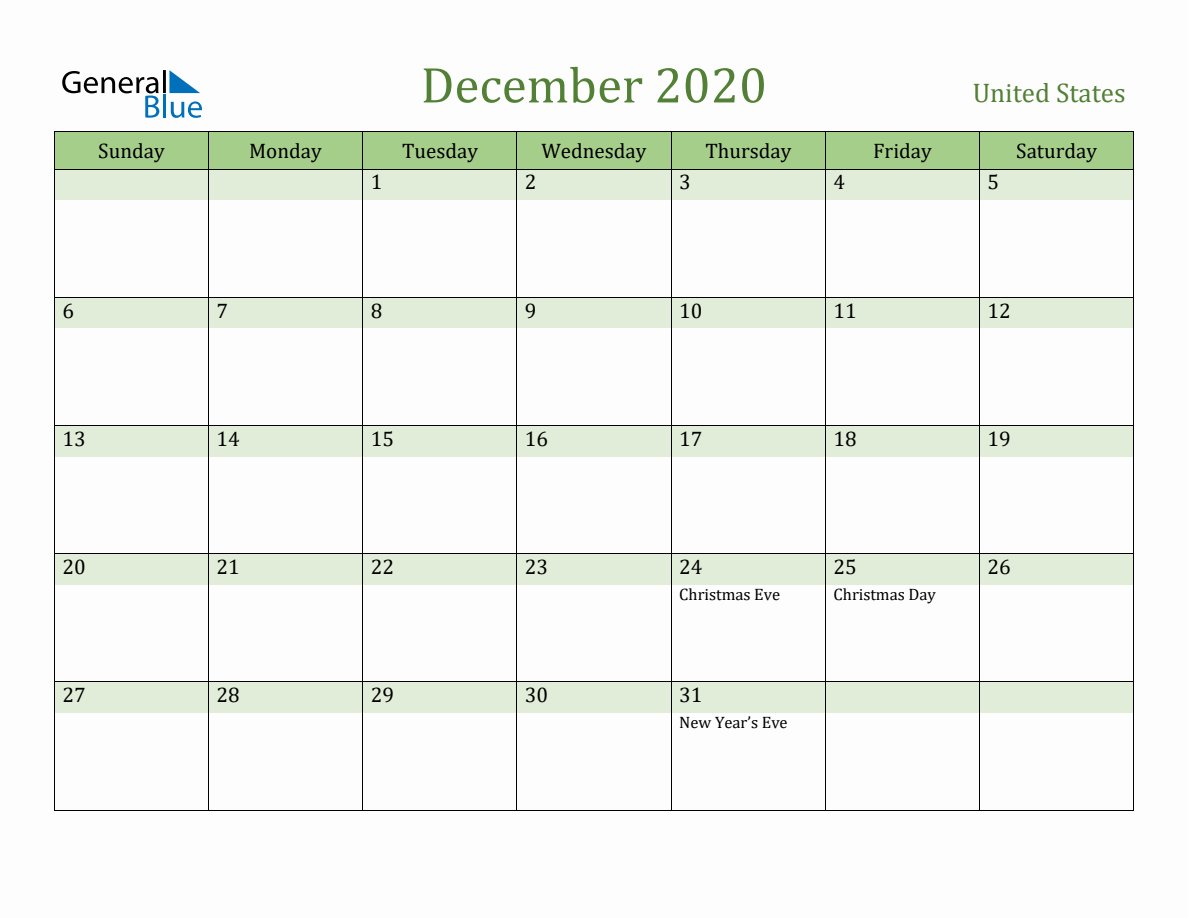 Fillable Holiday Calendar for United States - December 2020
