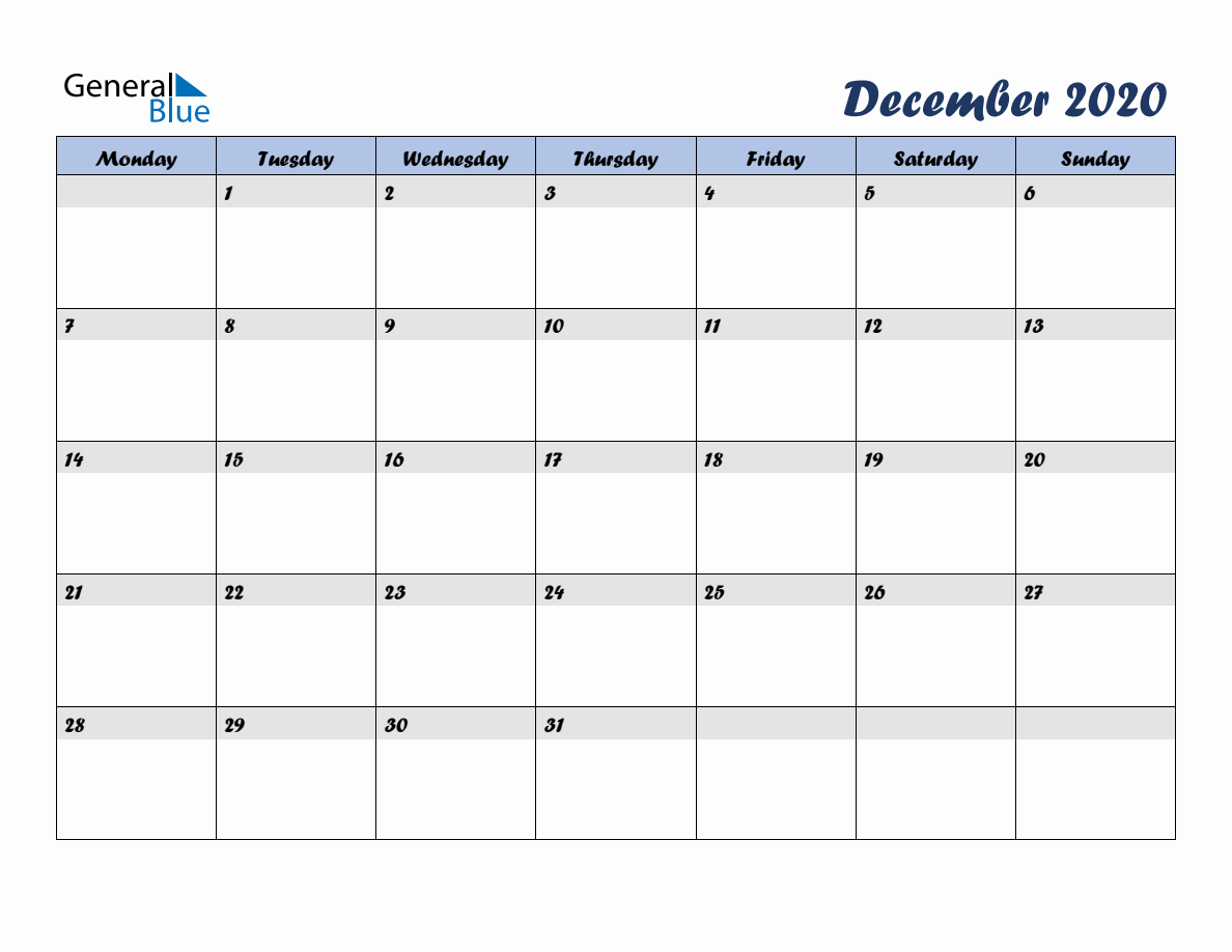 Free December 2020 Monthly Editable Calendar - Monday Start