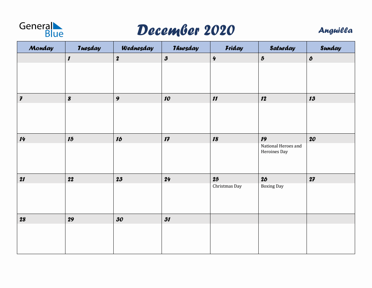 December 2020 Monthly Calendar Template with Holidays for Anguilla