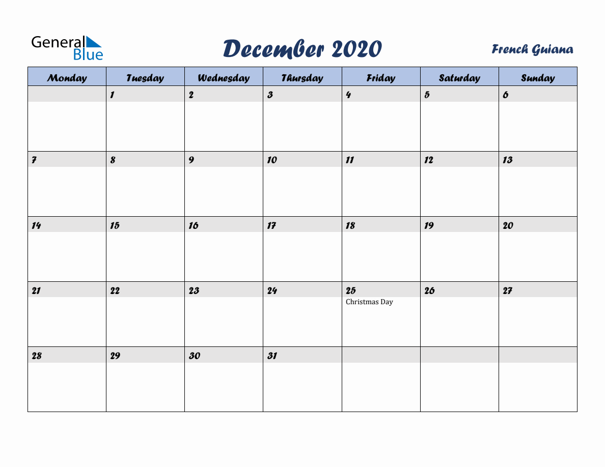 December 2020 Monthly Calendar Template with Holidays for French Guiana ...