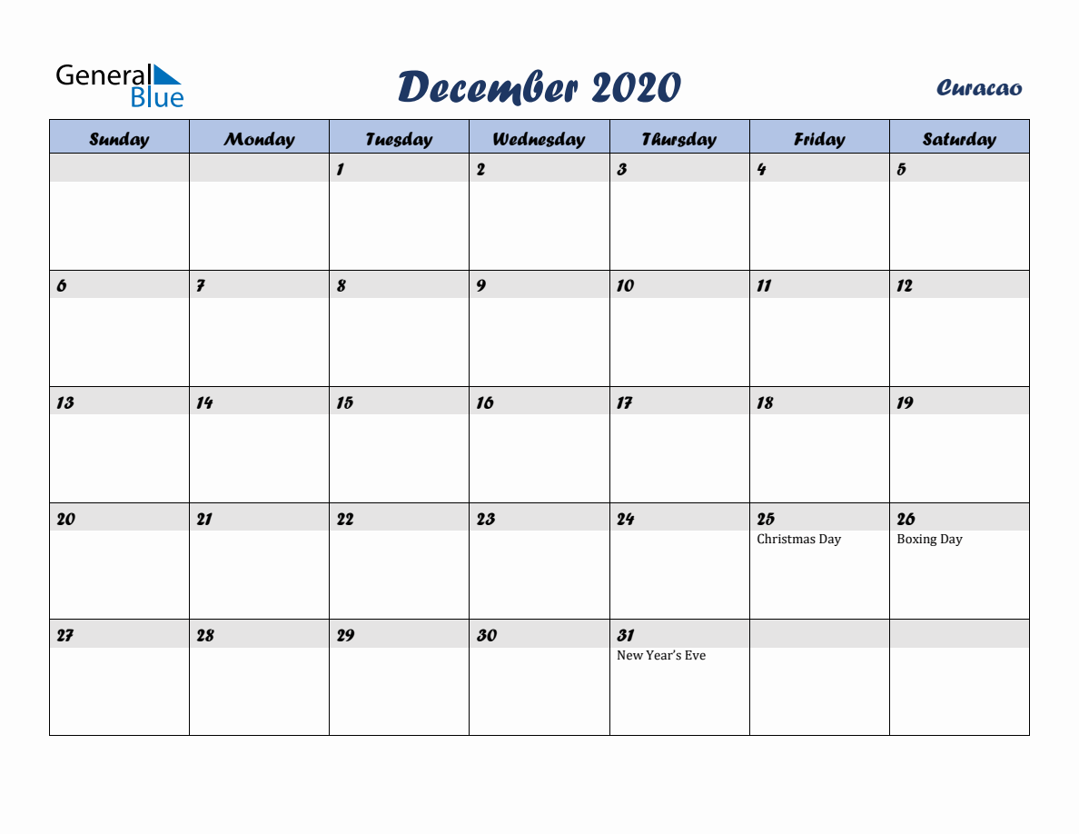 December 2020 Monthly Calendar Template with Holidays for Curacao