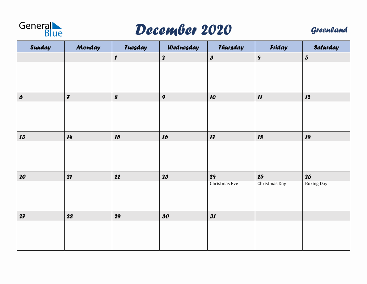 December 2020 Monthly Calendar Template with Holidays for Greenland