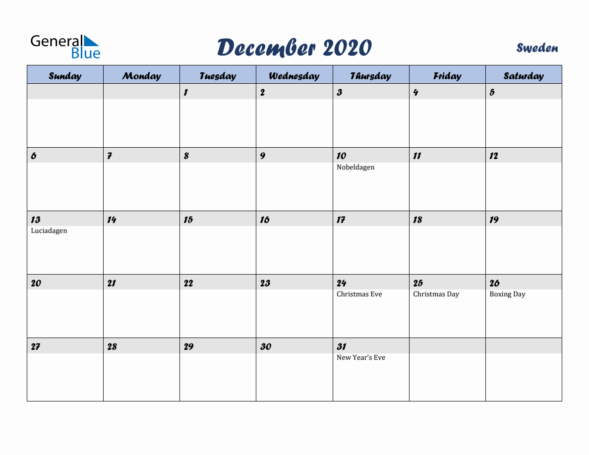 December 2020 Monthly Calendar Template with Holidays for Sweden