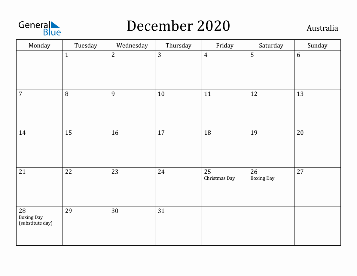 Australia Monthly Calendar - December 2020 (Monday Start)