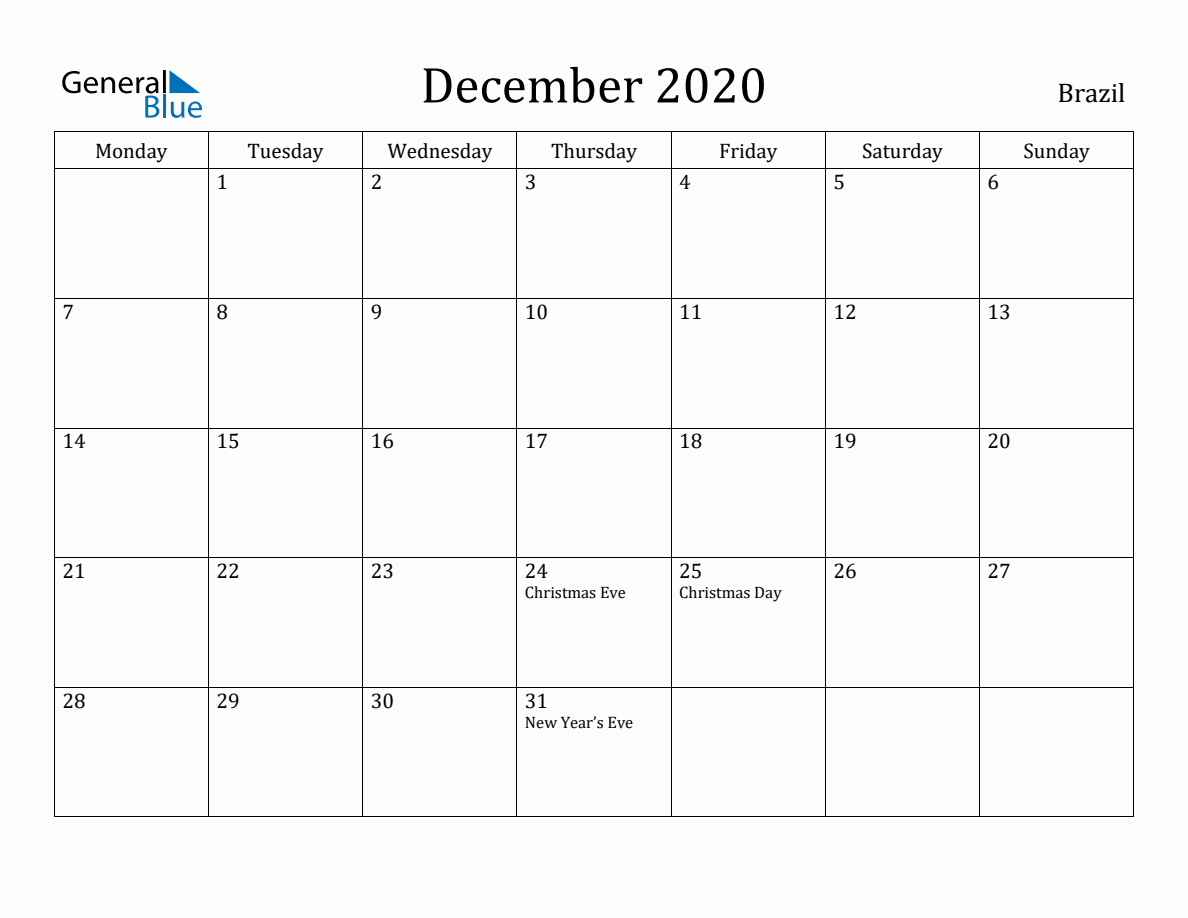 December 2020 Monthly Calendar with Brazil Holidays (Monday Start)