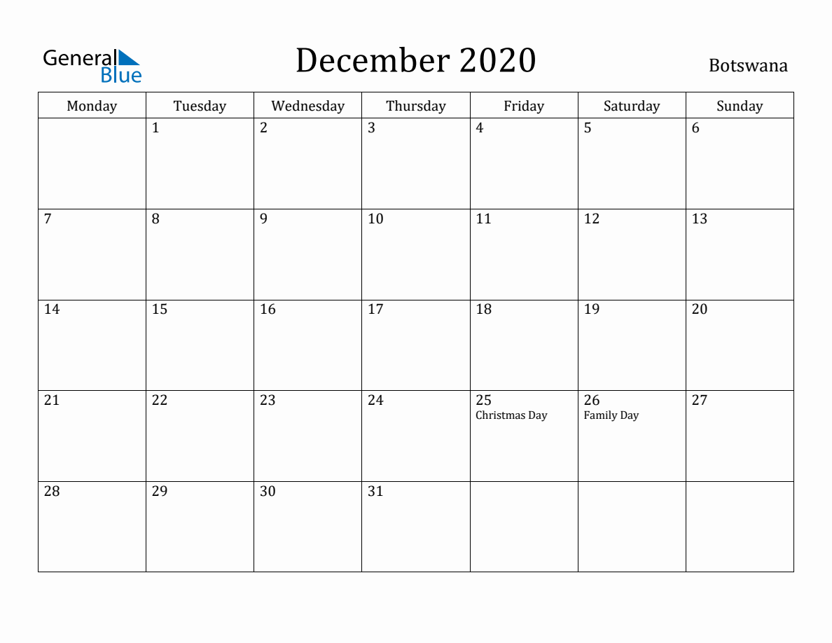 December 2020 - Botswana Monthly Calendar with Holidays