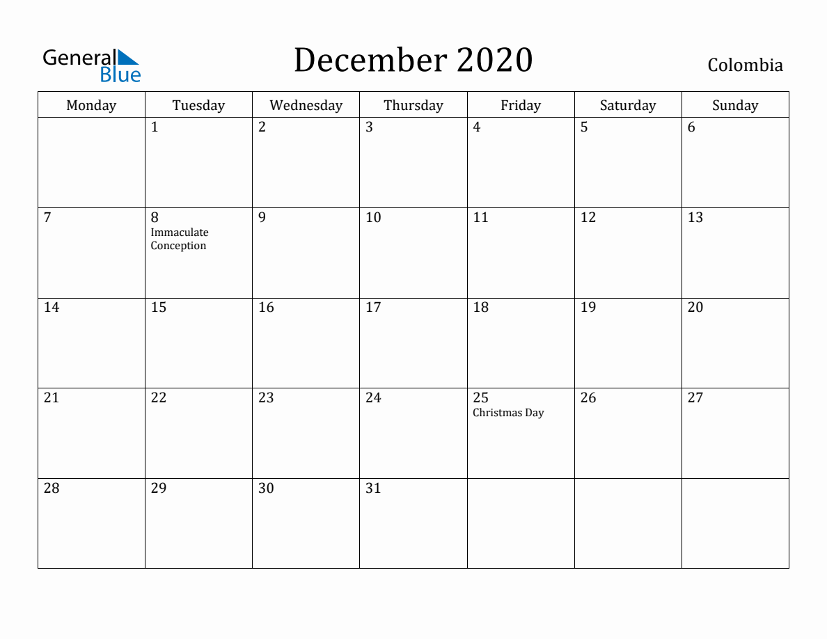 Colombia Monthly Calendar - December 2020 (Monday Start)