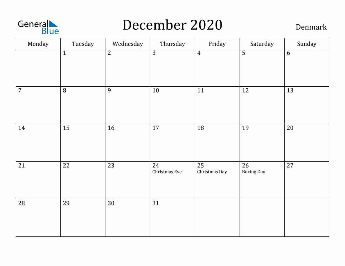Denmark Monthly Calendar - December 2020 (Monday Start)