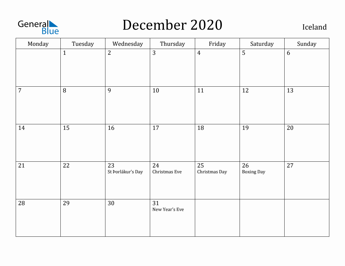 Iceland Monthly Calendar - December 2020 (Monday Start)