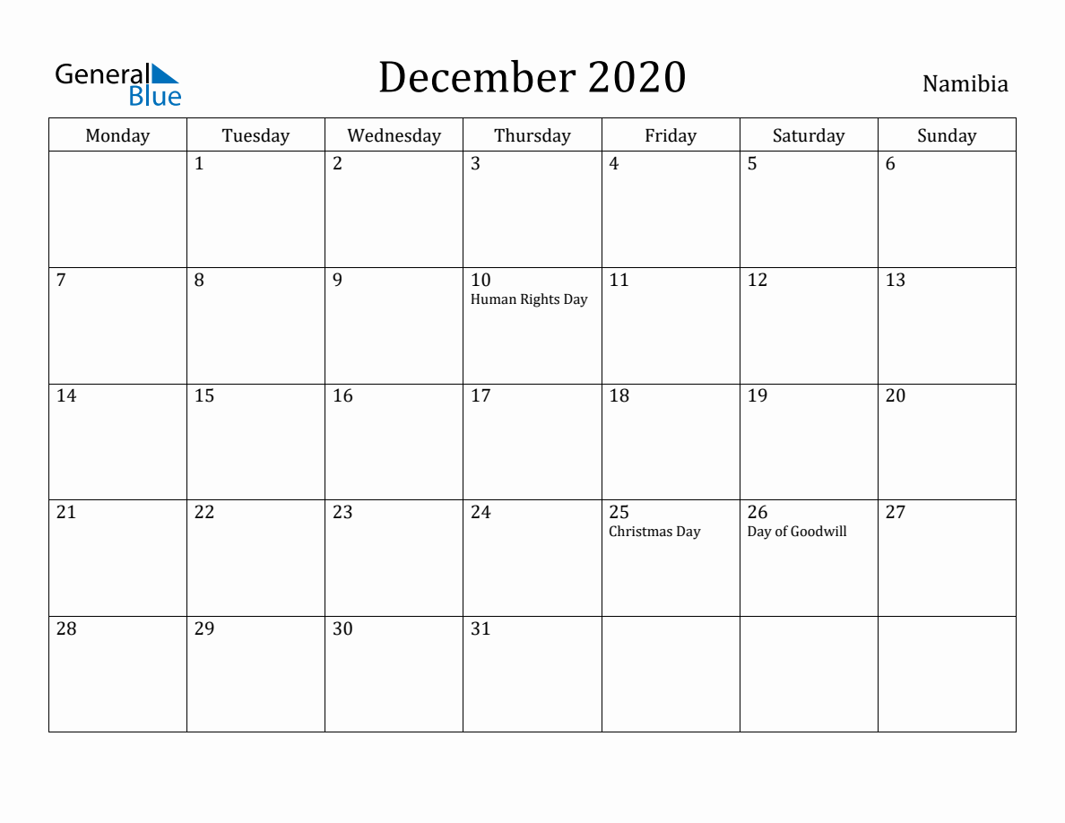 Namibia Monthly Calendar - December 2020 (Monday Start)