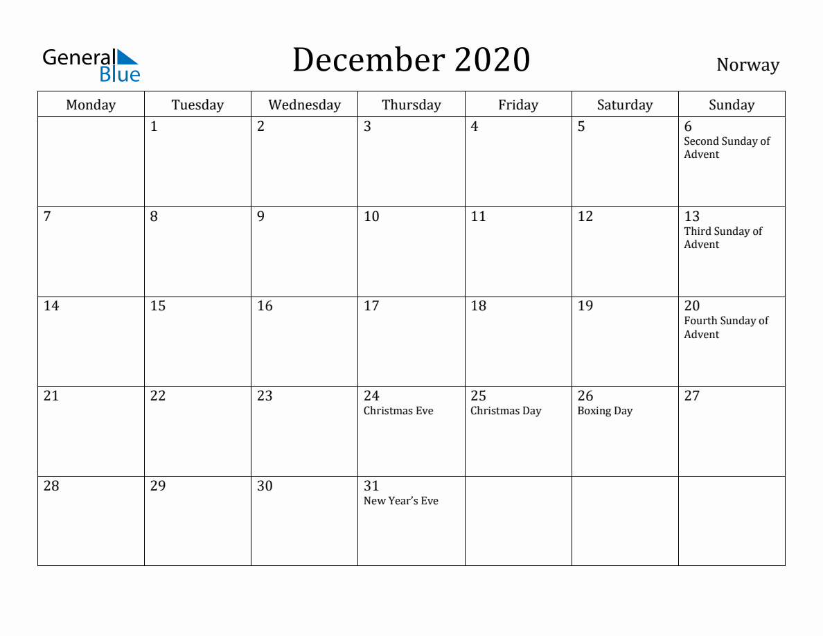December 2020 - Norway Monthly Calendar with Holidays