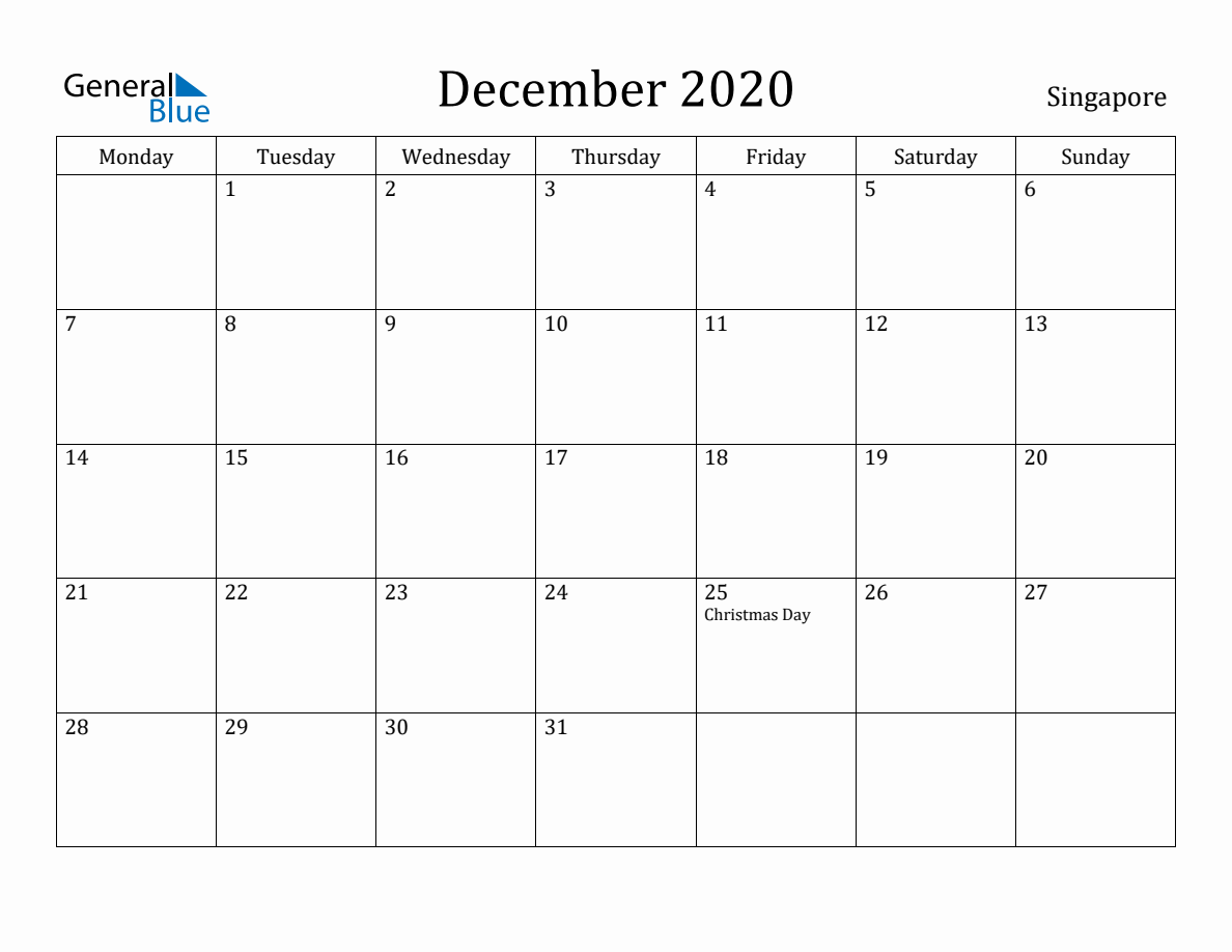 Singapore Monthly Calendar - December 2020 (Monday Start)