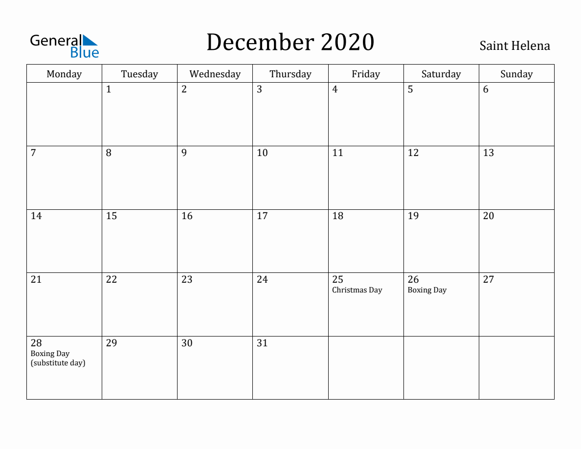 Saint Helena Monthly Calendar - December 2020 (Monday Start)