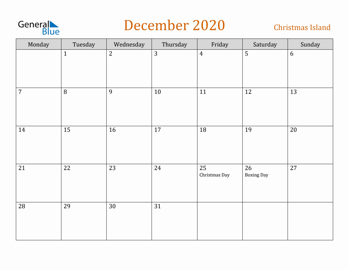 Free December 2020 Christmas Island Calendar (Monday Start)