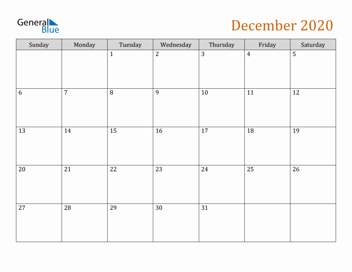 December 2020 Generic Monthly Calendar