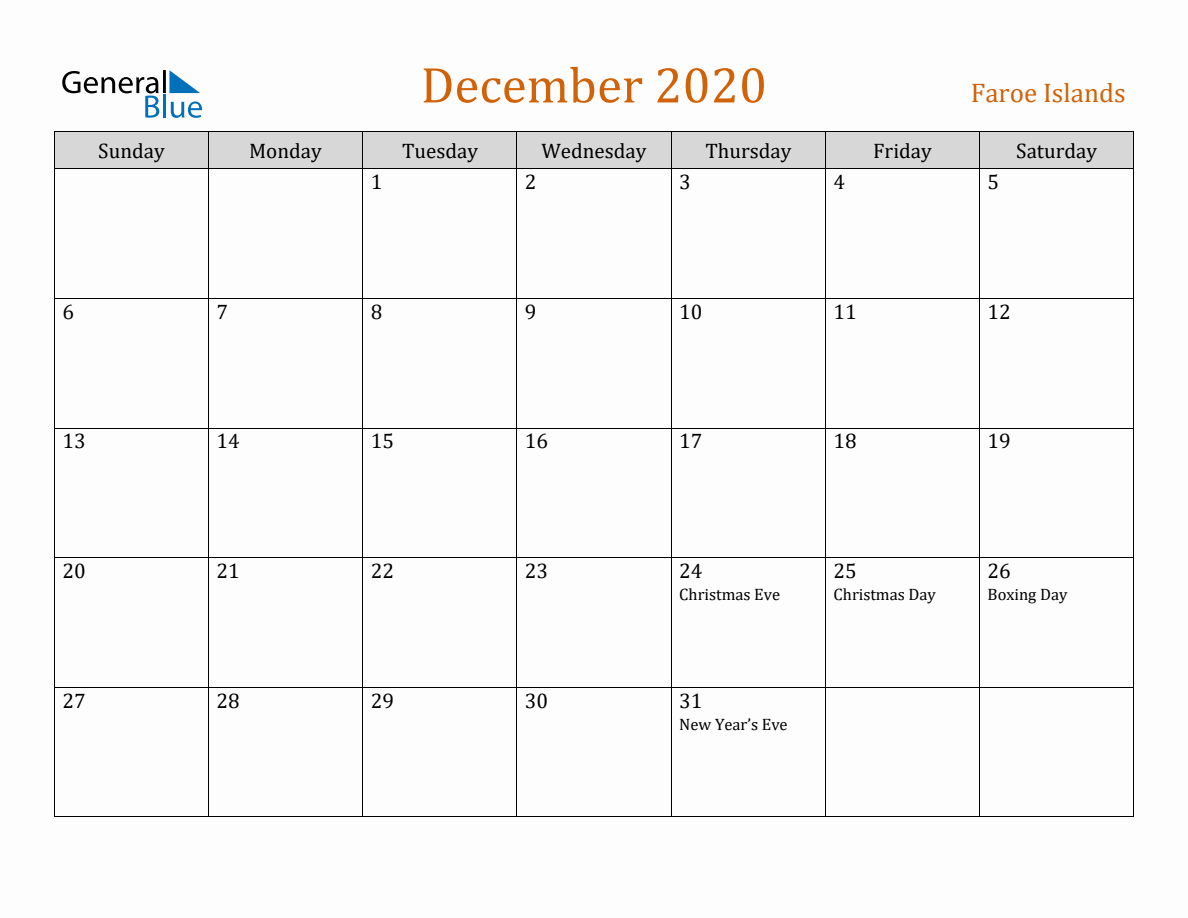 Free December 2020 Faroe Islands Calendar