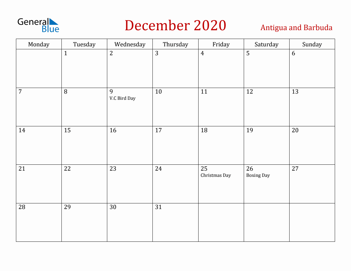 December 2020 Antigua and Barbuda Monthly Calendar with Holidays
