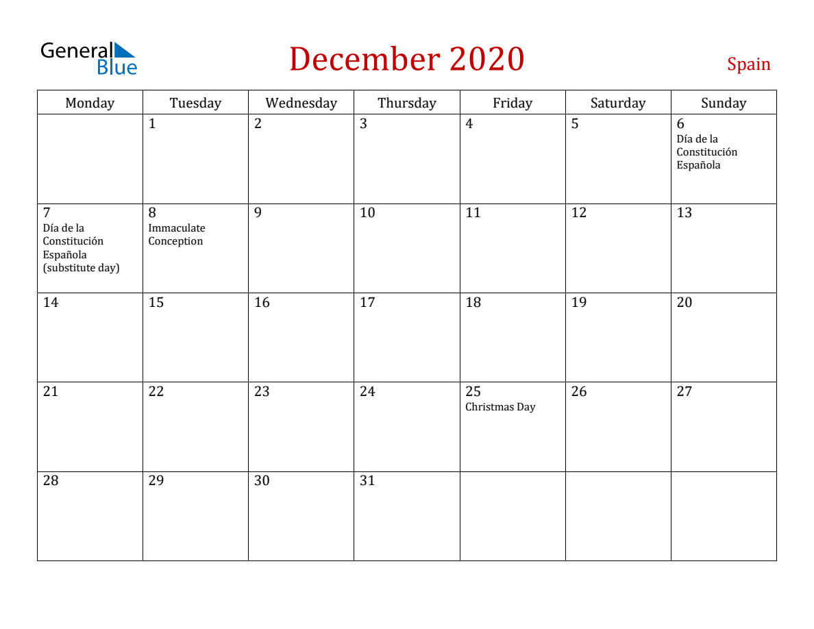 December 2020 Spain Monthly Calendar with Holidays