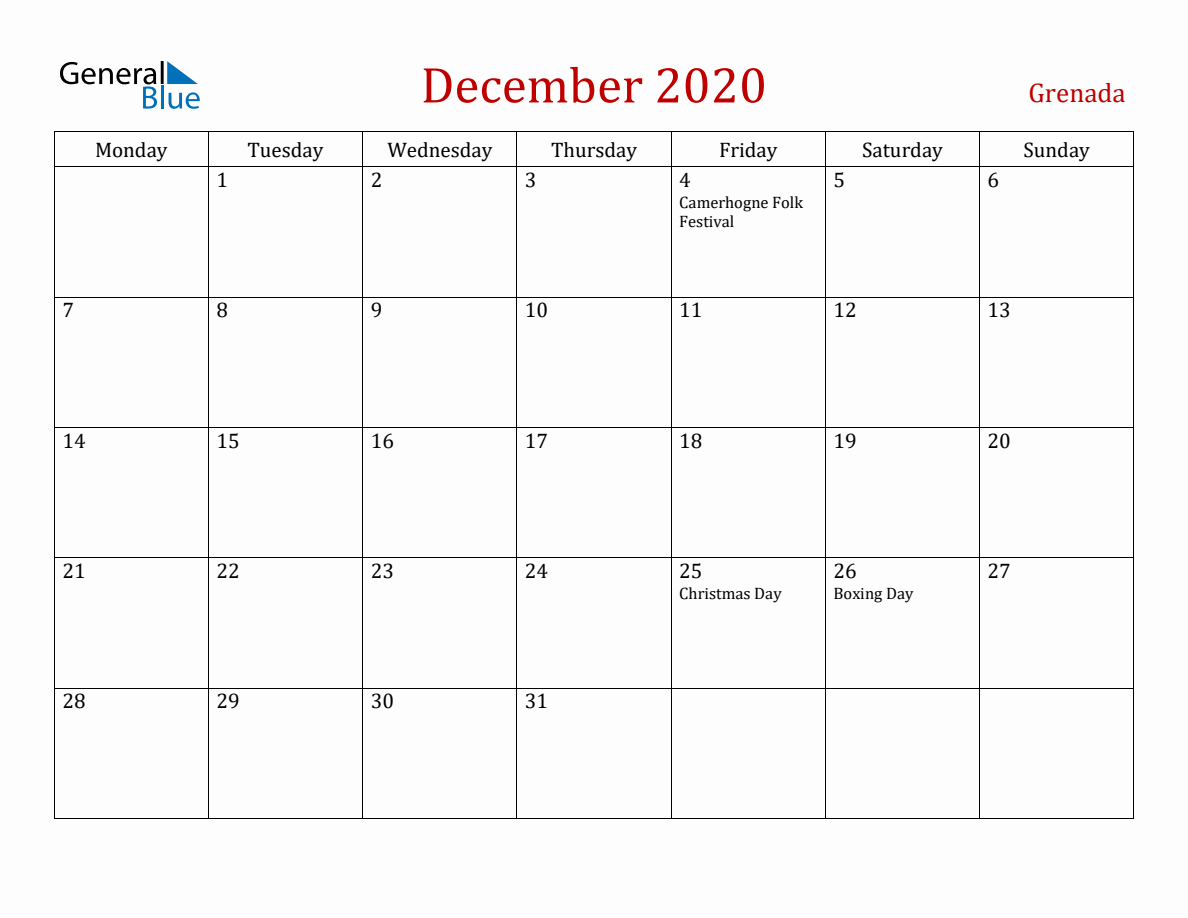 December 2020 Grenada Monthly Calendar with Holidays (Monday Start)
