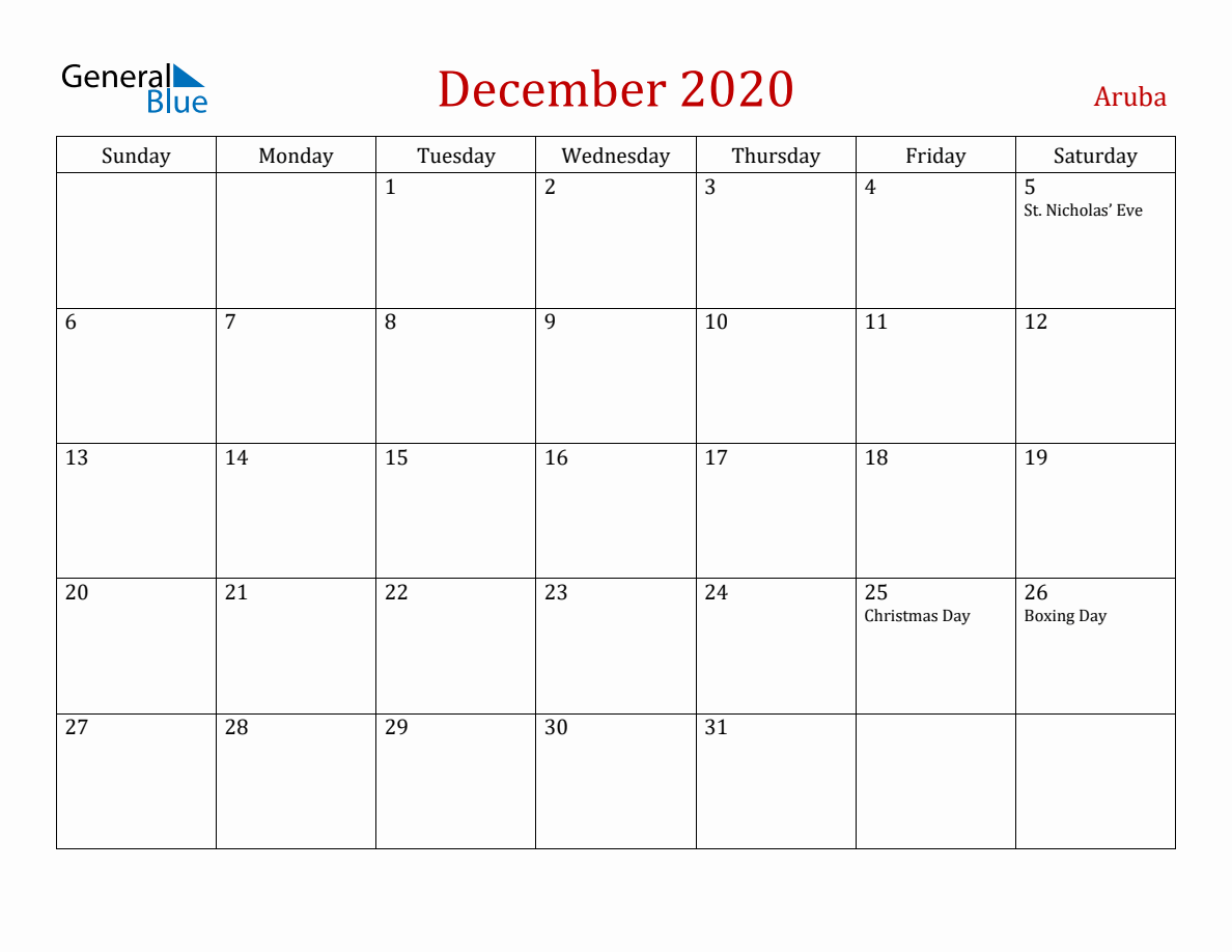 December 2020 Aruba Monthly Calendar with Holidays
