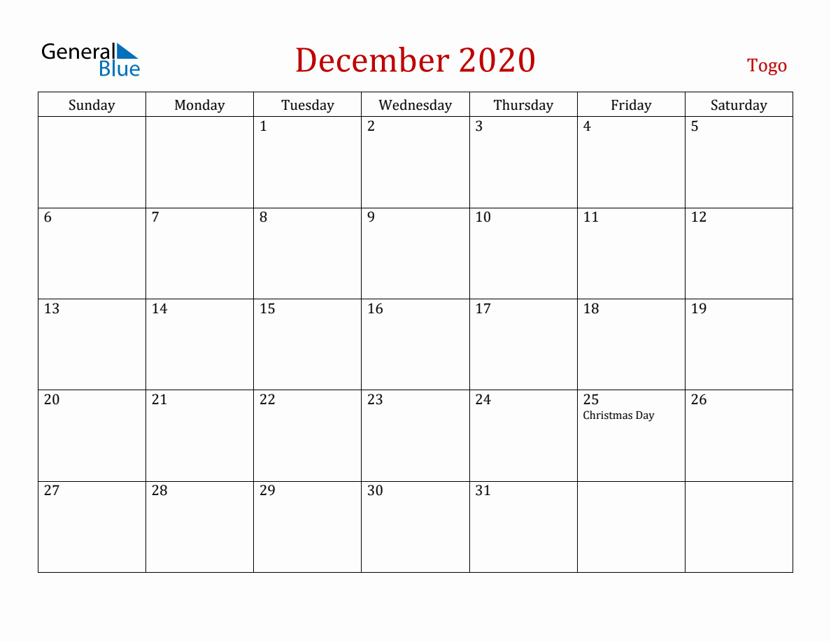 December 2020 Togo Monthly Calendar with Holidays