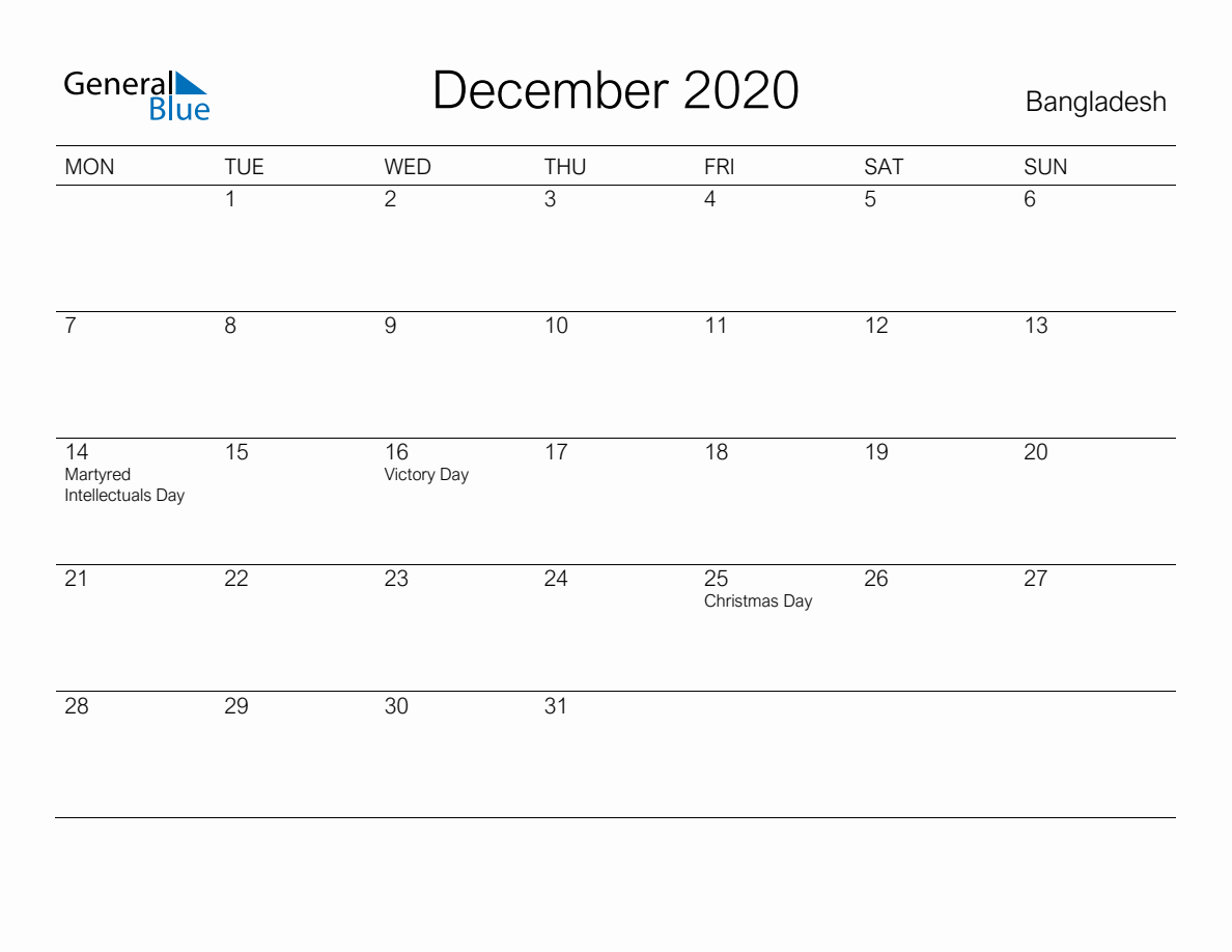 Printable December 2020 Monthly Calendar with Holidays for Bangladesh