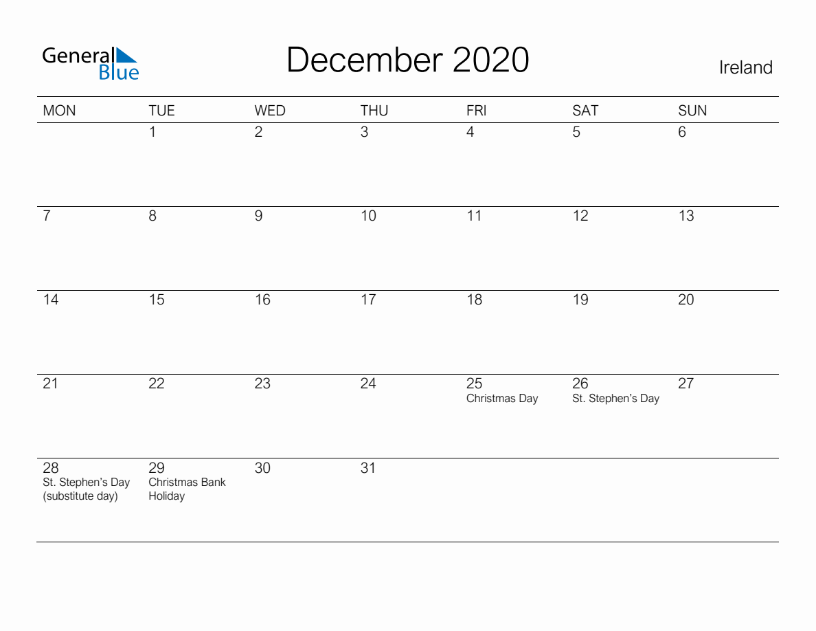 Printable December 2020 Monthly Calendar with Holidays for Ireland