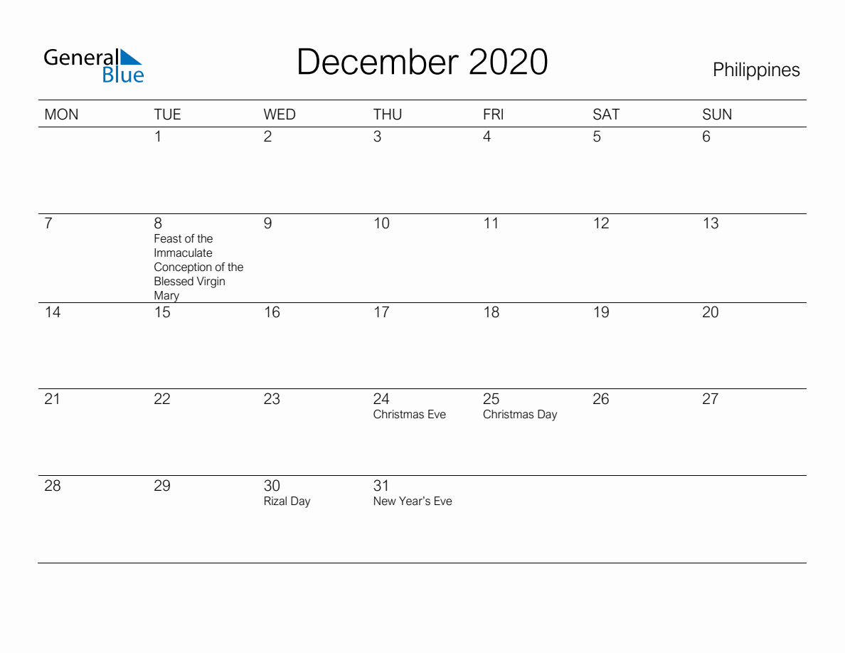 Printable December 2020 Monthly Calendar with Holidays for Philippines