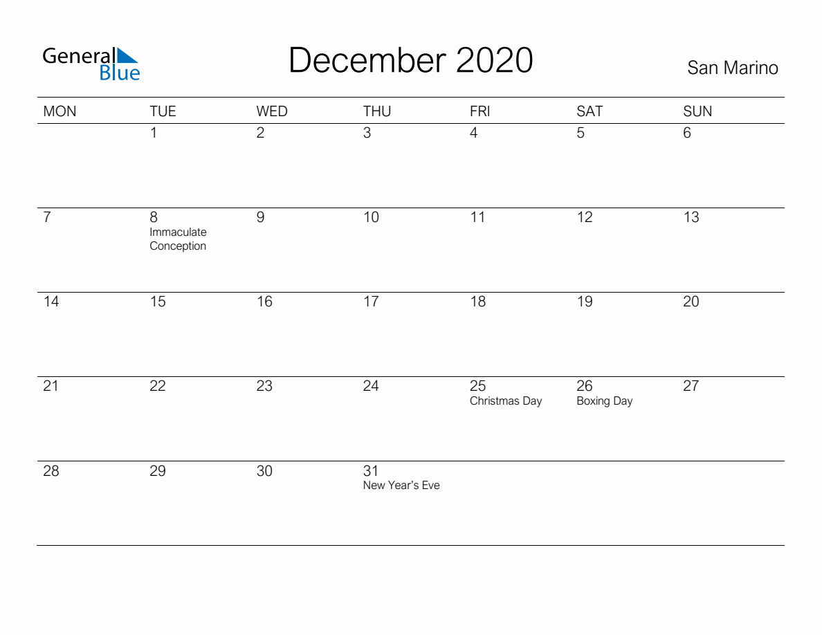 Printable December 2020 Monthly Calendar with Holidays for San Marino ...