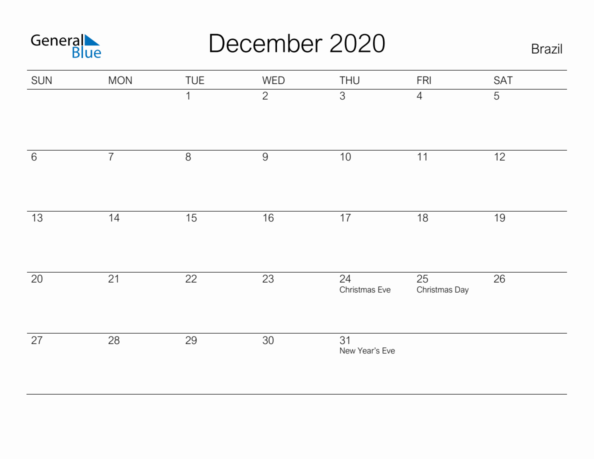Printable December 2020 Monthly Calendar with Holidays for Brazil