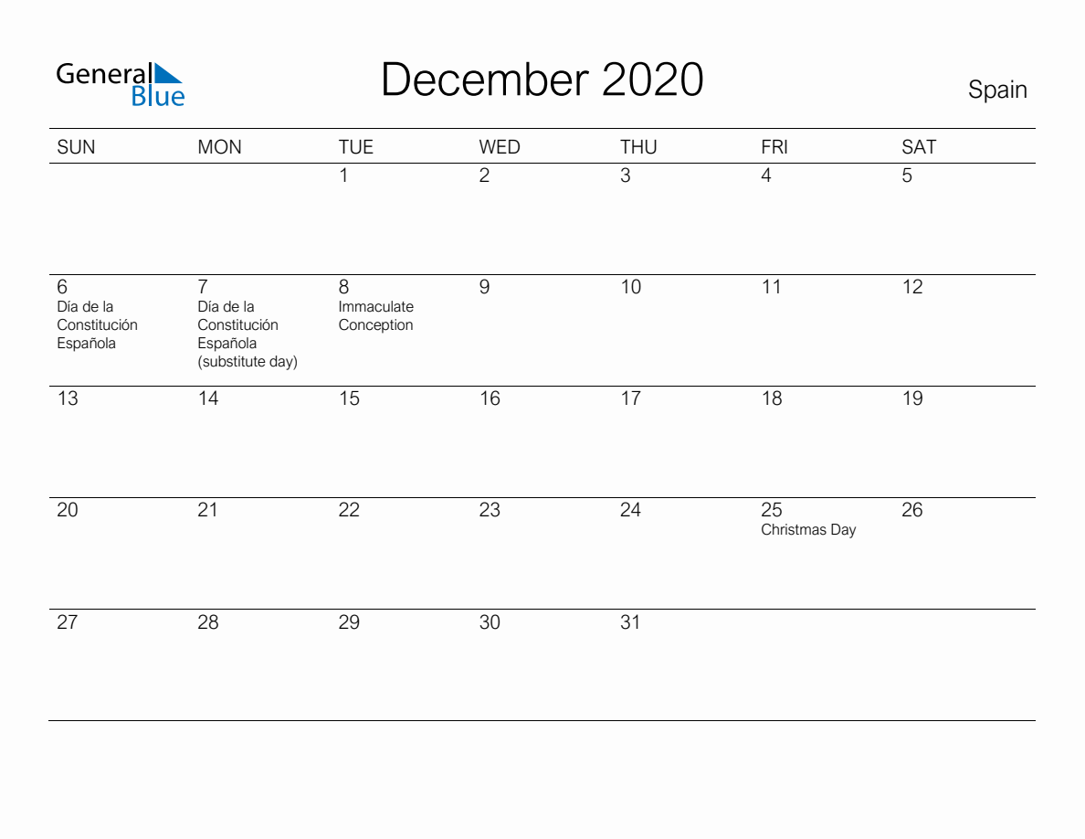 Printable December 2020 Monthly Calendar with Holidays for Spain