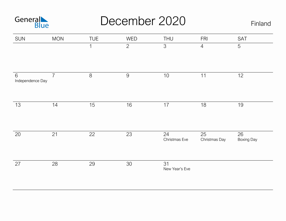 Printable December 2020 Monthly Calendar with Holidays for Finland