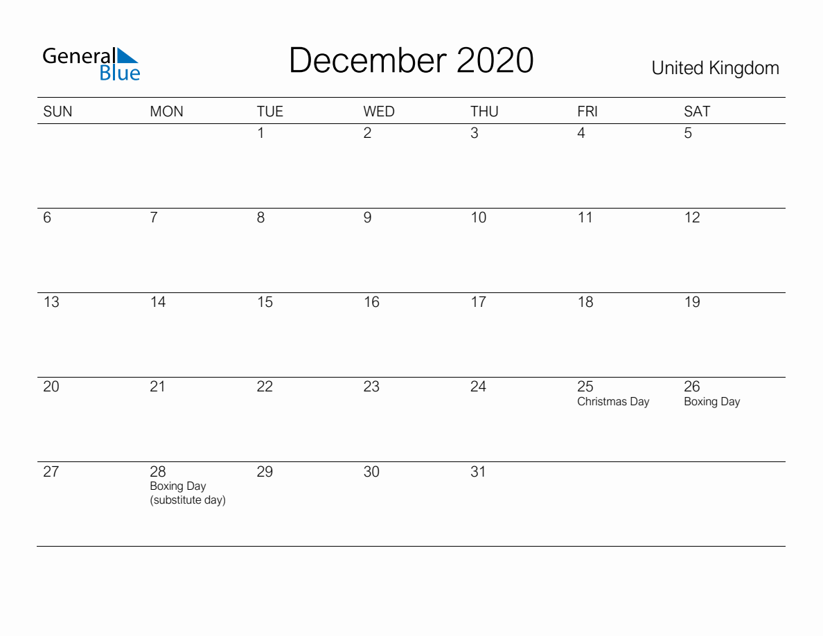 Printable December 2020 Monthly Calendar with Holidays for United Kingdom