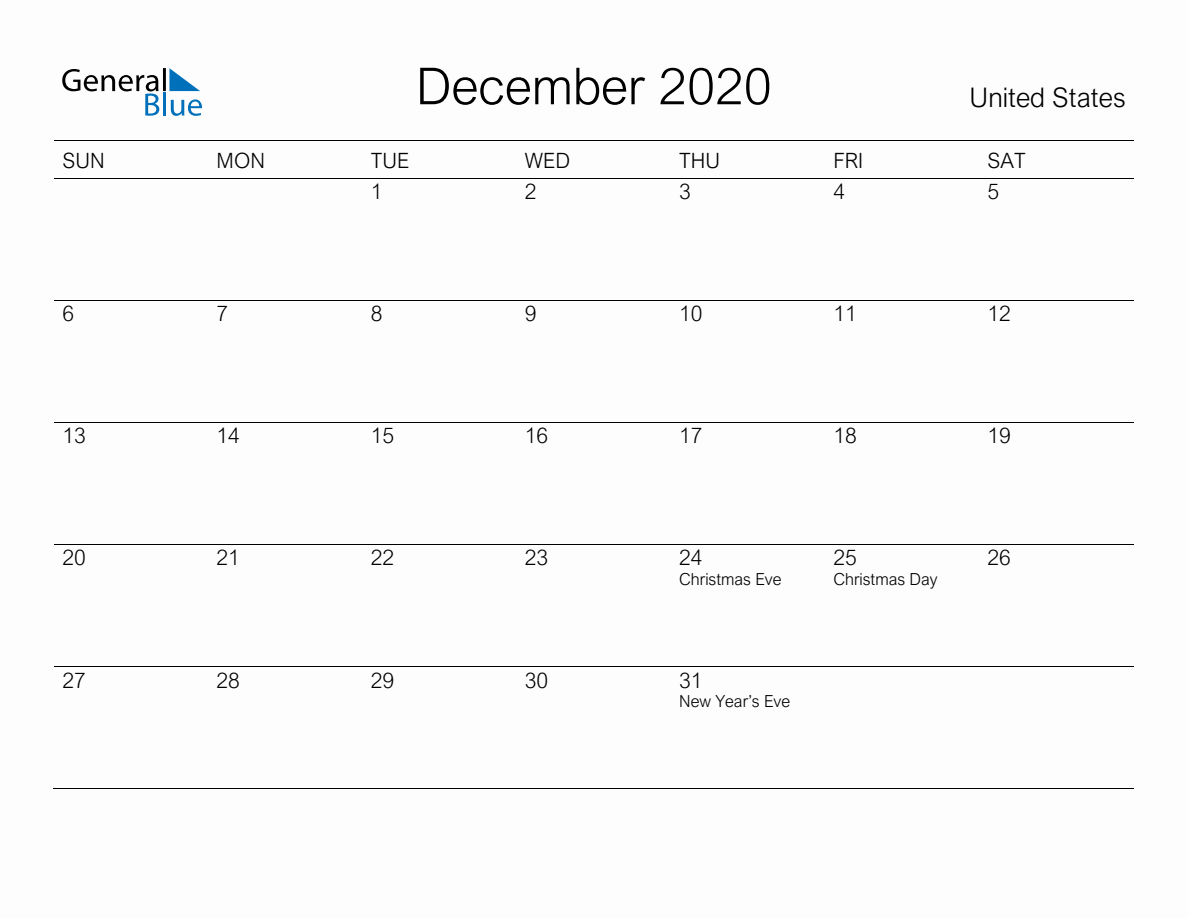 Printable December 2020 Monthly Calendar with Holidays for United States