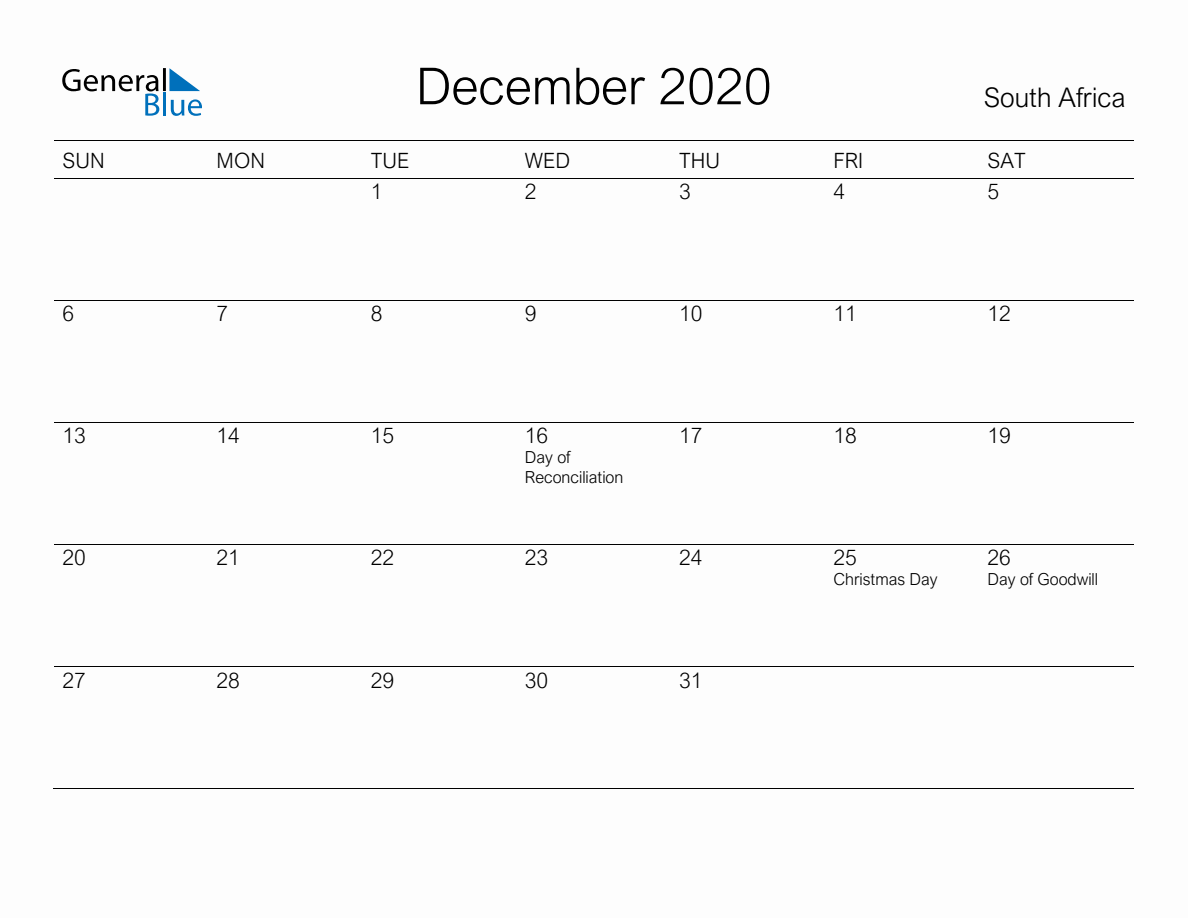 Printable December 2020 Monthly Calendar with Holidays for South Africa
