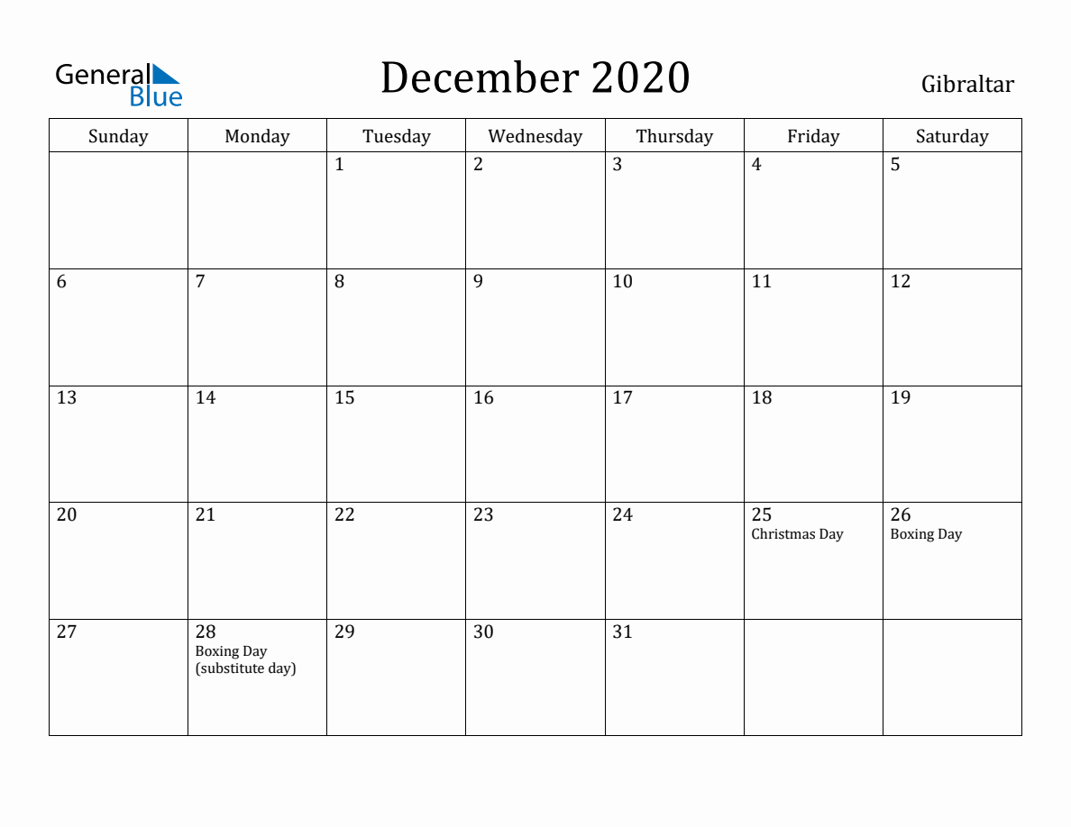 December 2020 Monthly Calendar with Gibraltar Holidays