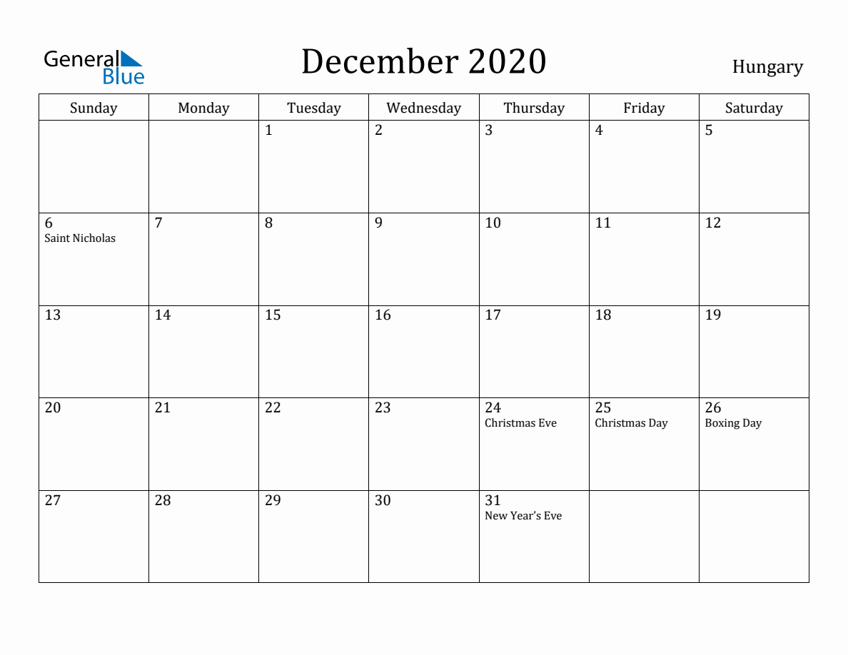 December 2020 Monthly Calendar with Hungary Holidays