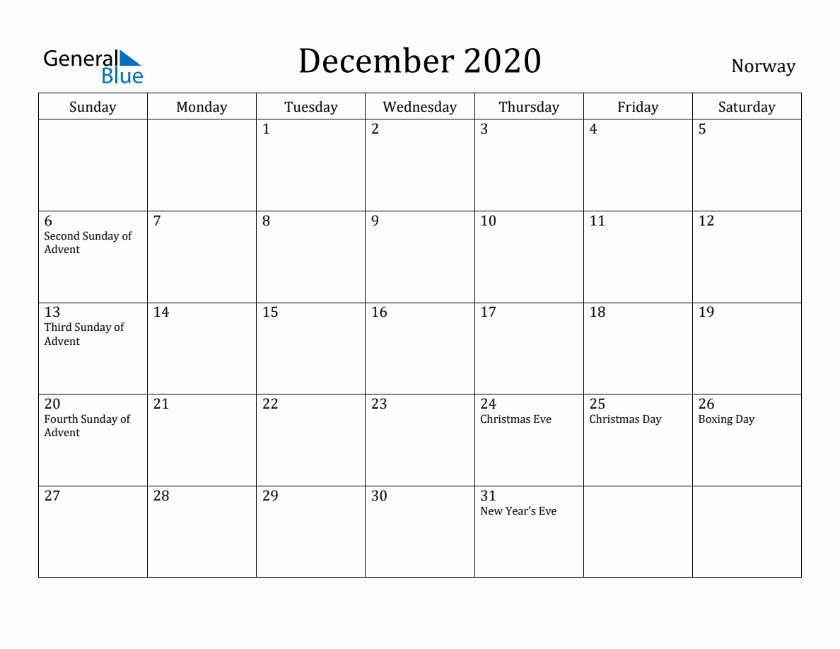 December 2020 Monthly Calendar with Norway Holidays