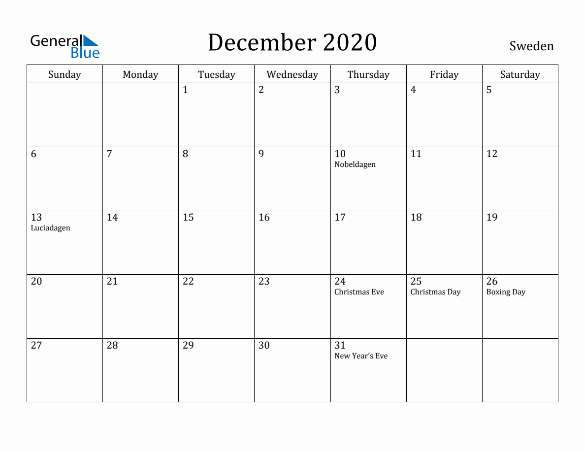 December 2020 Monthly Calendar with Sweden Holidays