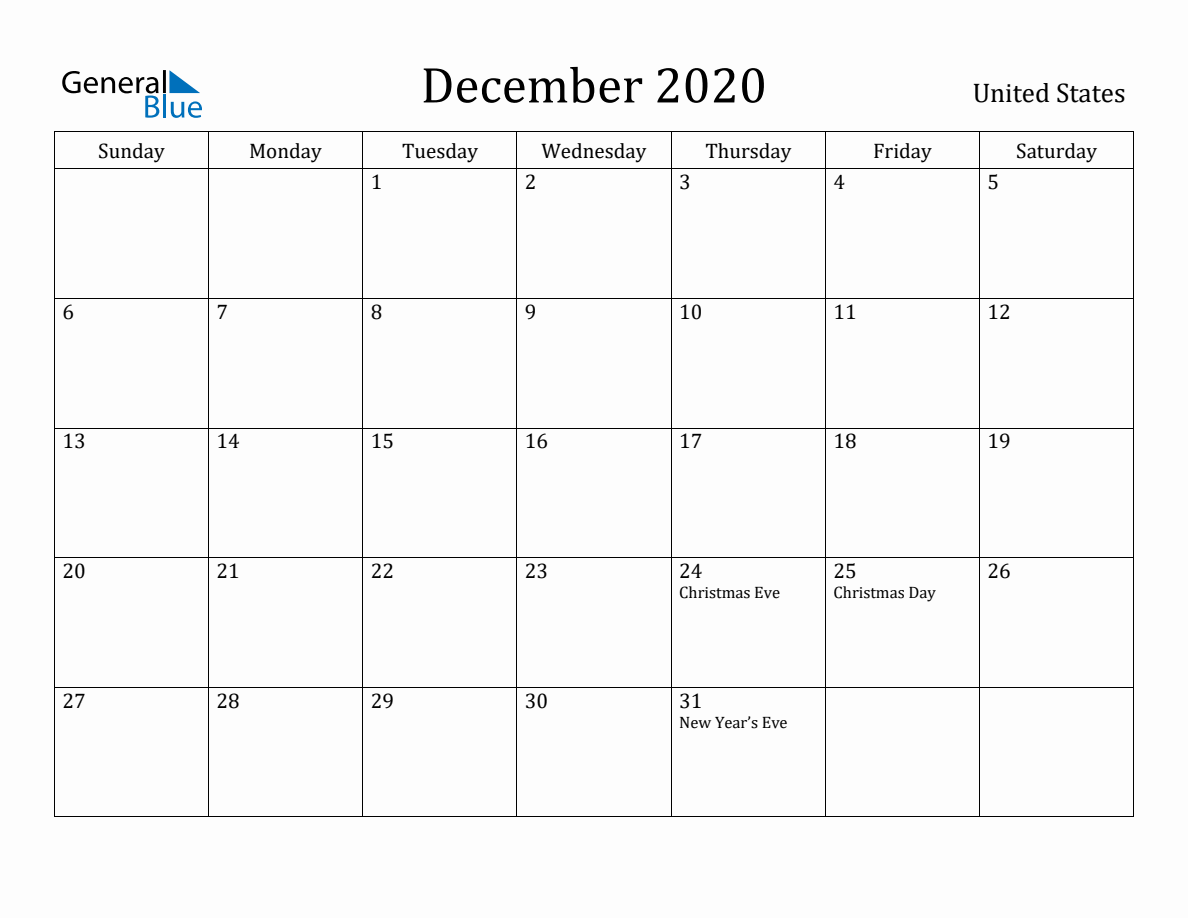 December 2020 Monthly Calendar with United States Holidays