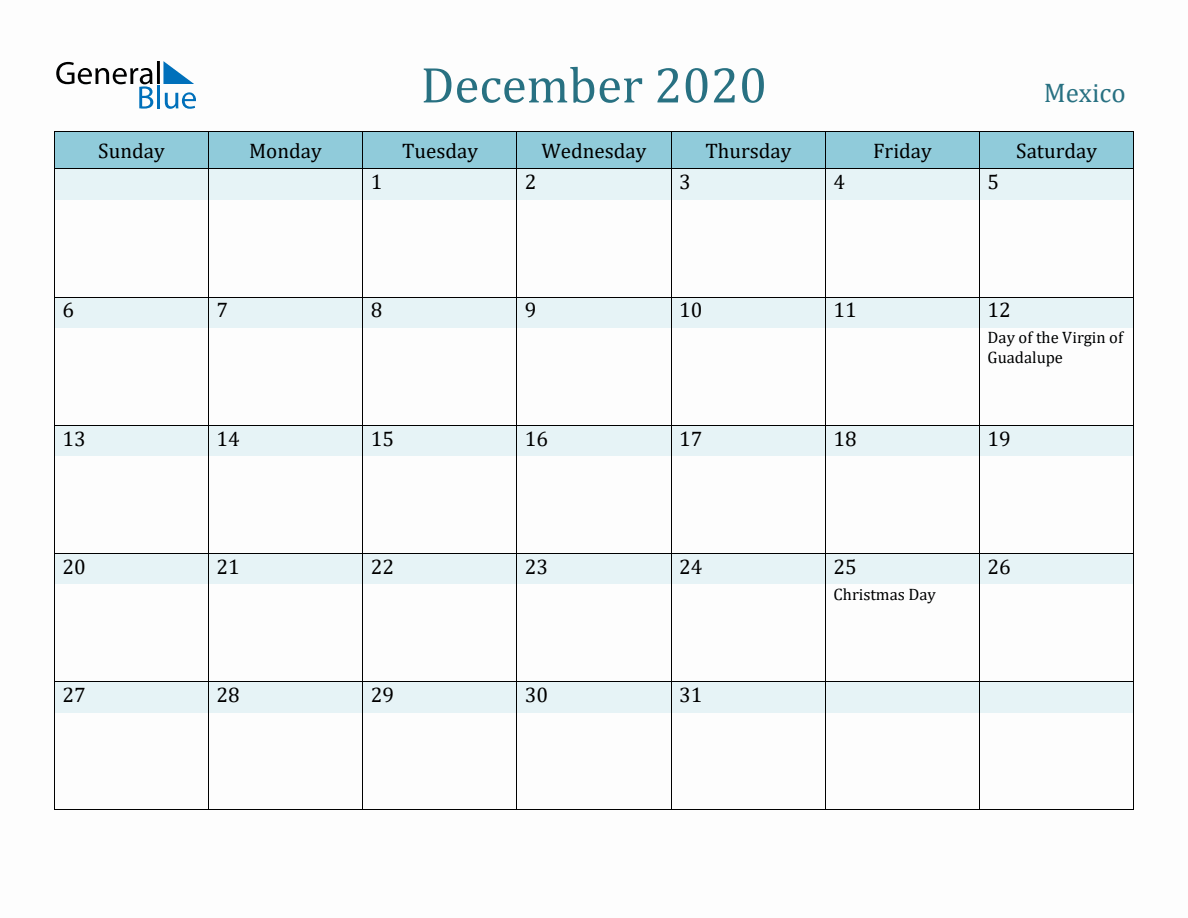 Mexico Holiday Calendar for December 2020